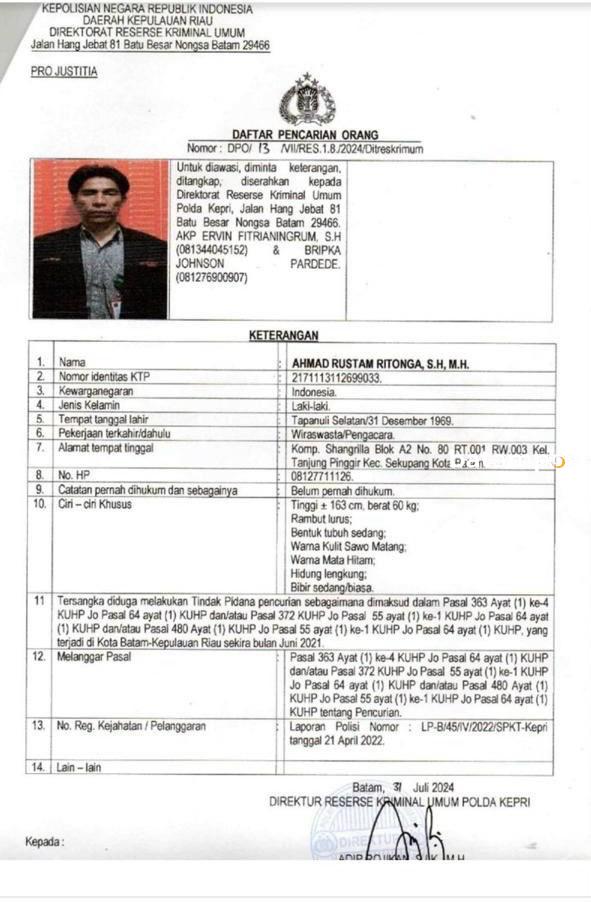 Oknum Pengacara Jadi Buronan Polisi, Polda Kepri Terbitkan Surat DPO ...